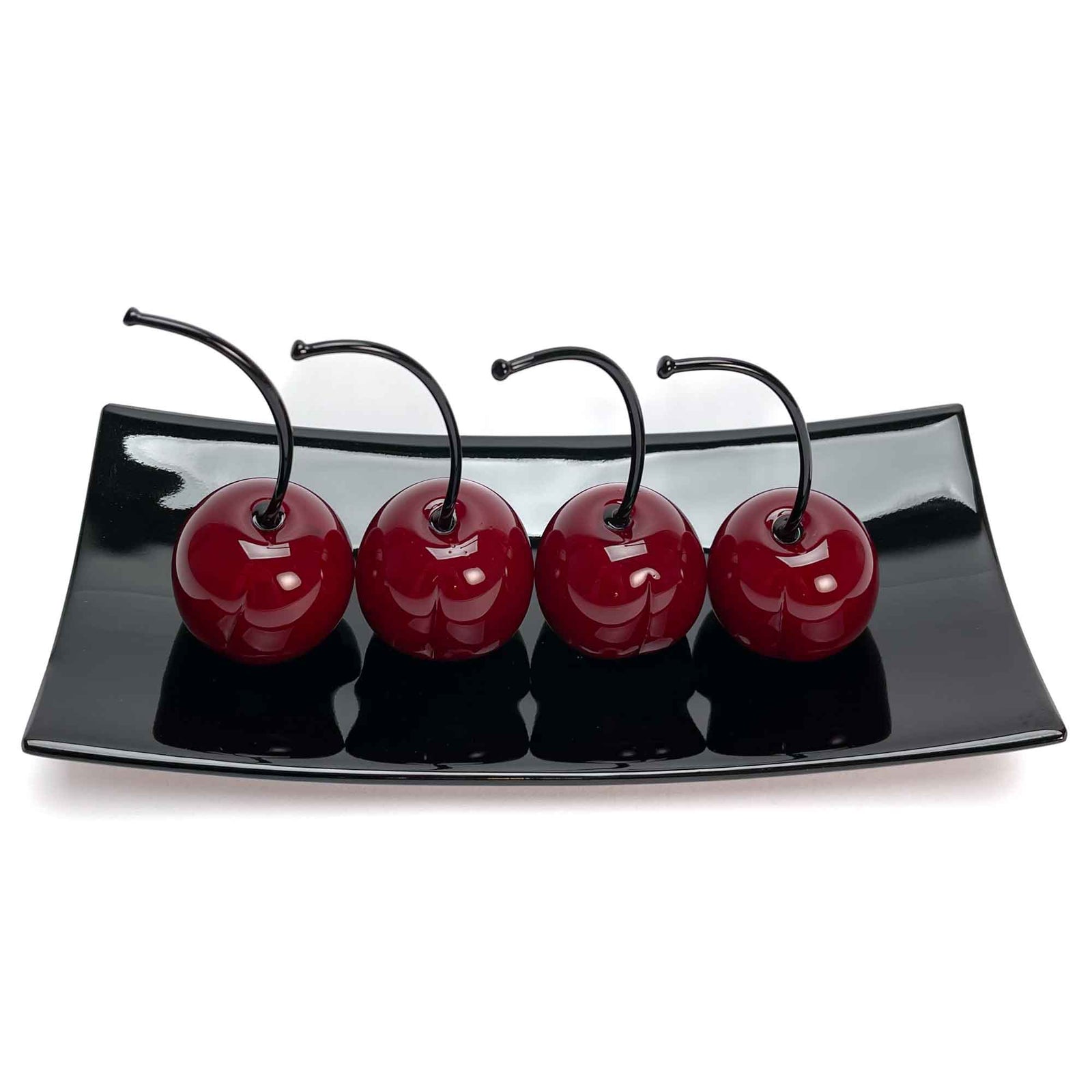 Set 4 Big Realistic Cherries with Black Plate | Murano Glass