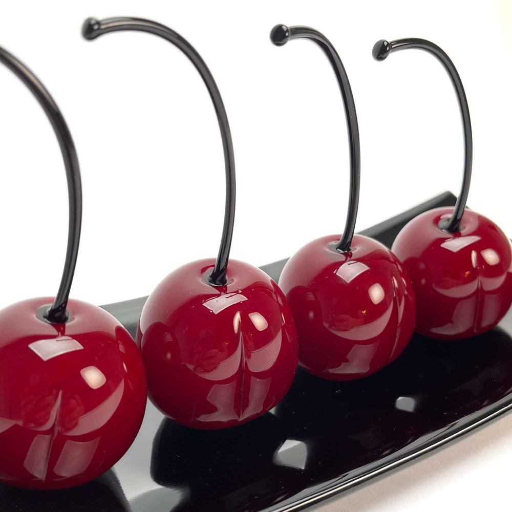 Set 4 Big Realistic Cherries with Black Plate | Murano Glass