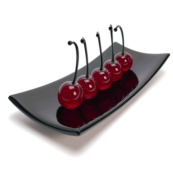 Set 5 Realistic Size Cherries with Black Plate | Murano Glass