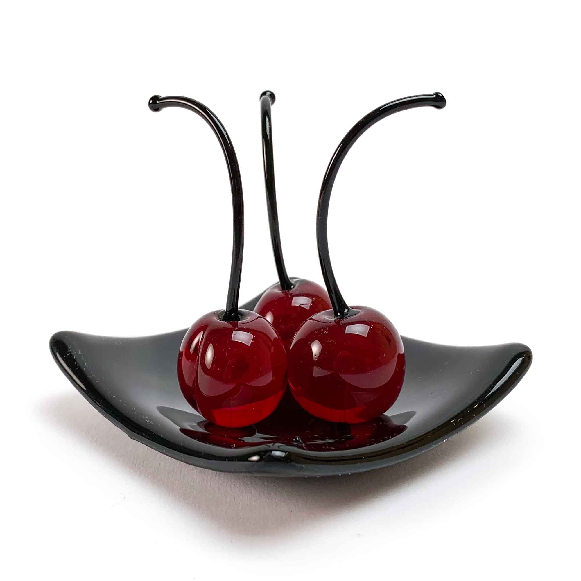 Realistic Glass Cherries in a Black Plate Small Size | Murano Glass